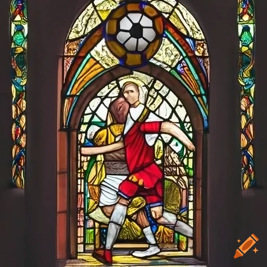 Stained glass artwork of soccer theme on Craiyon