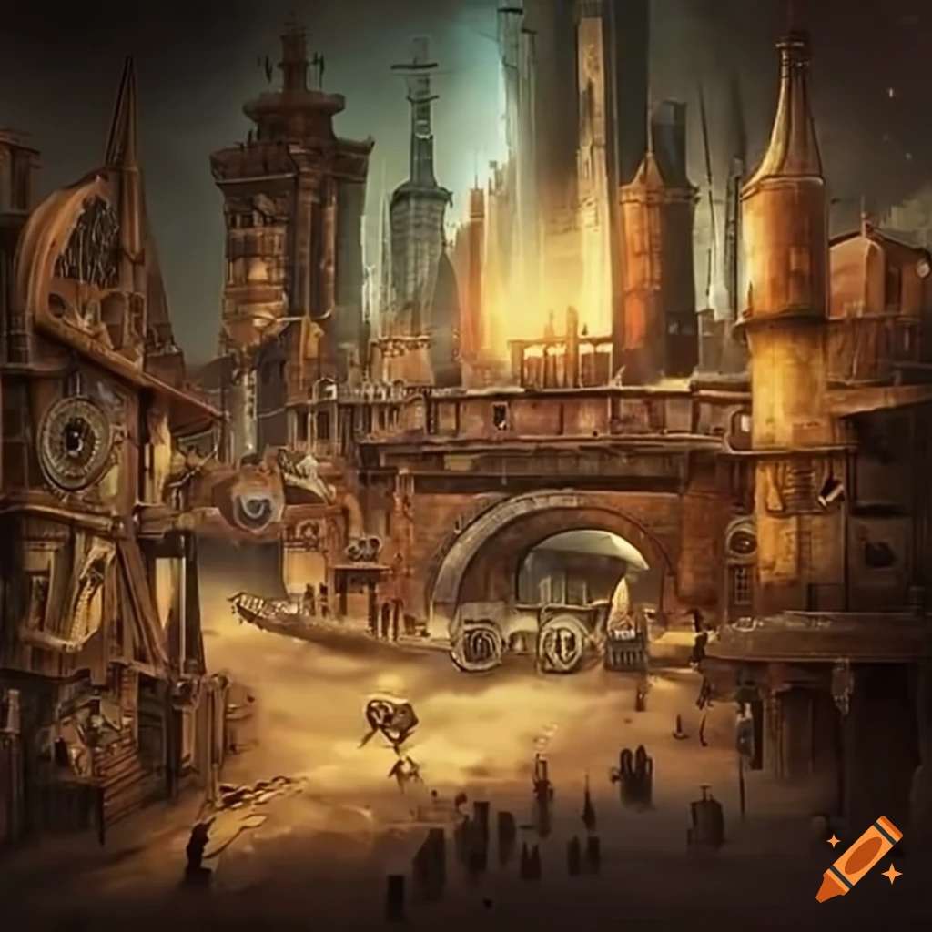 Steampunk city with airships and clockwork automatons on Craiyon