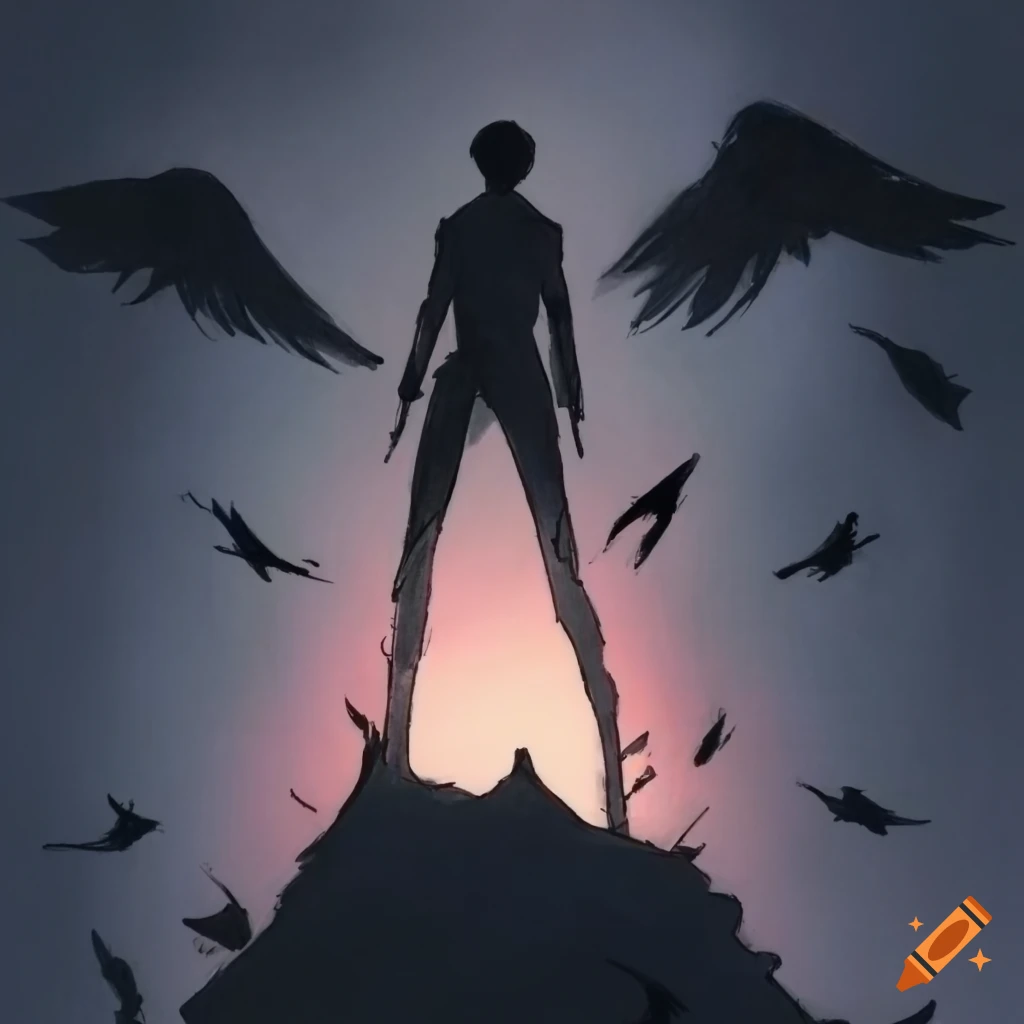 Sketch of a shadow figure with crows