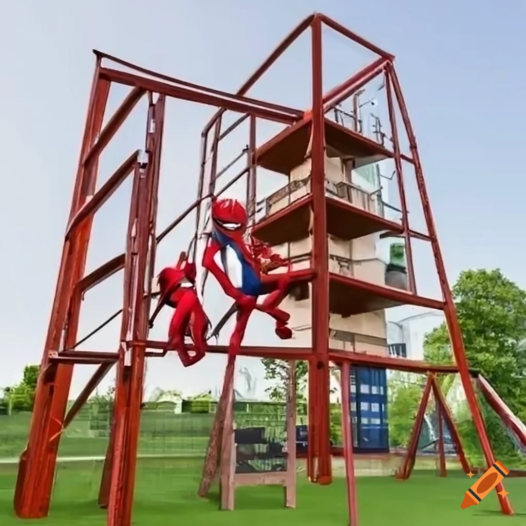 Spider-man themed climbing frame with buildings in the background on ...