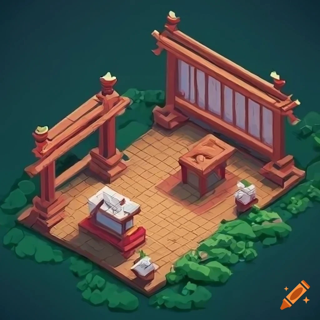 Isometric game art of a japanese shrine