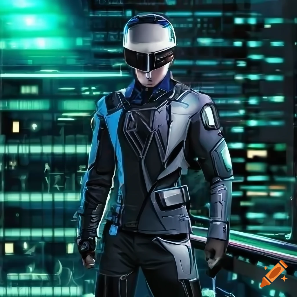 Digital illustration of a black male spy in futuristic outfit