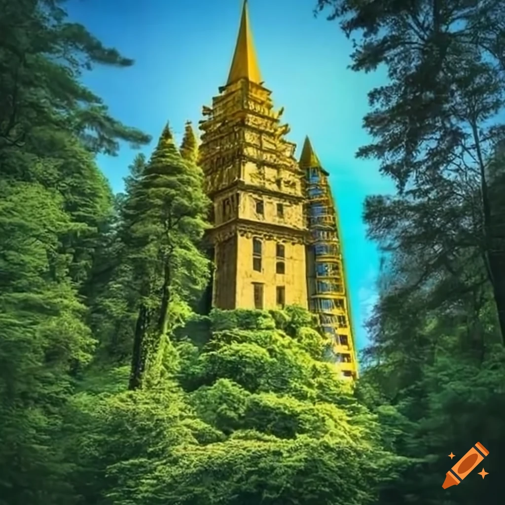 Golden tower in a green forest on Craiyon