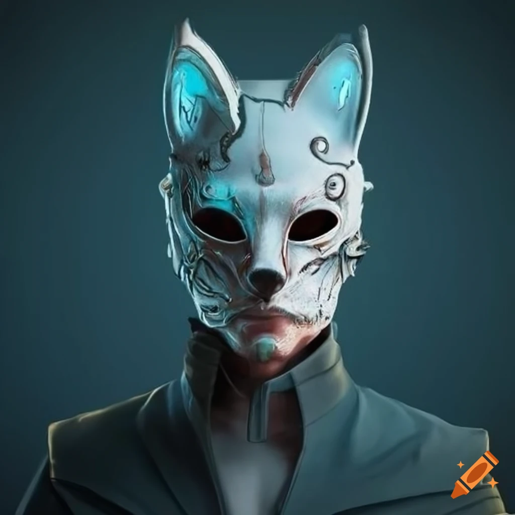 Cyberpunk artwork of a masked male with fox-inspired mask on Craiyon
