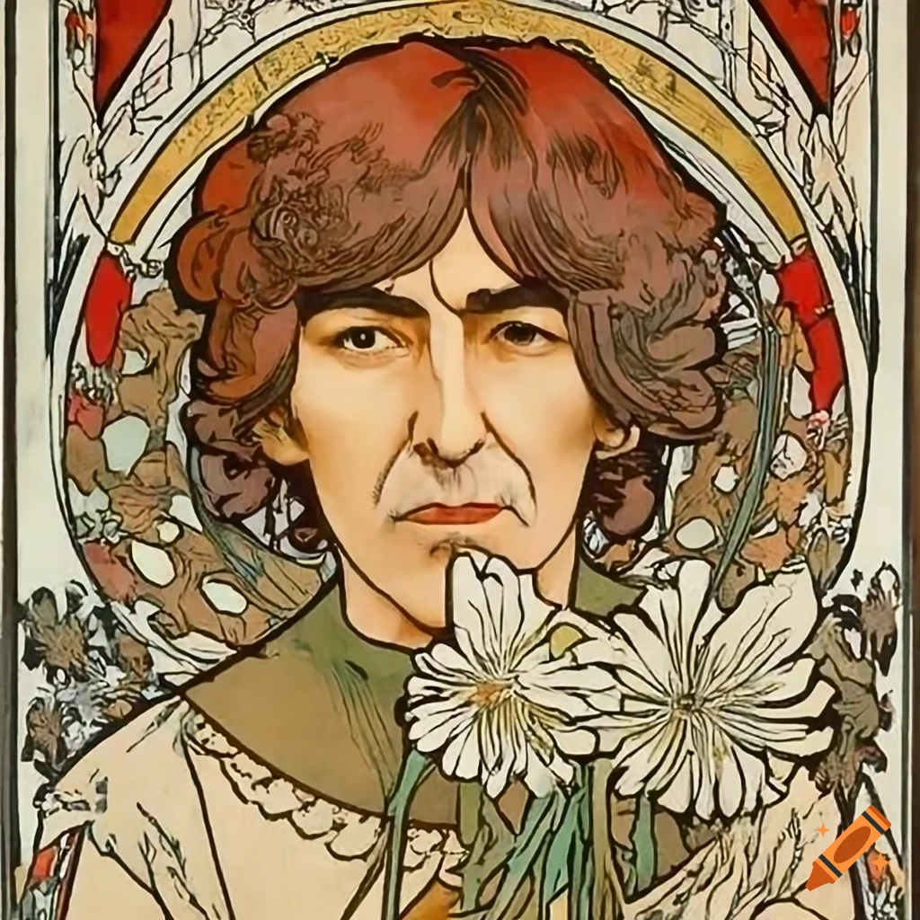 Woodcut portrait of george harrison with flowers
