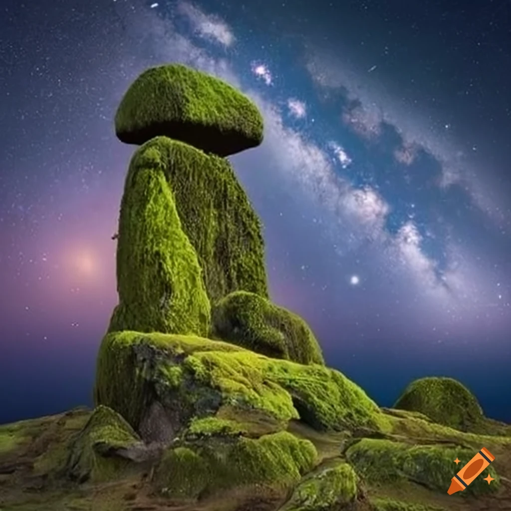 Moss-covered stones under the milky way on Craiyon