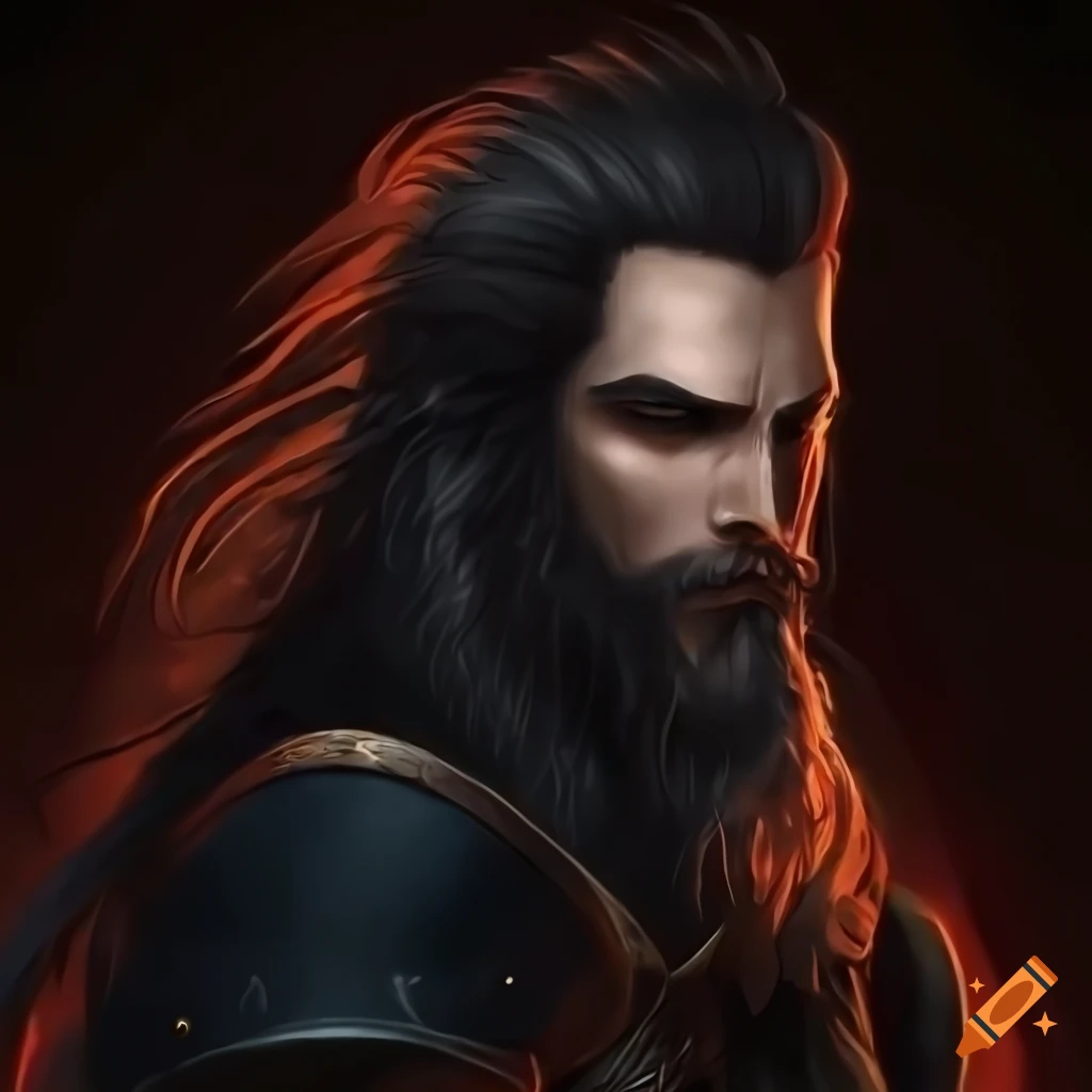 Image of a strong knight with long black hair and a short beard on Craiyon