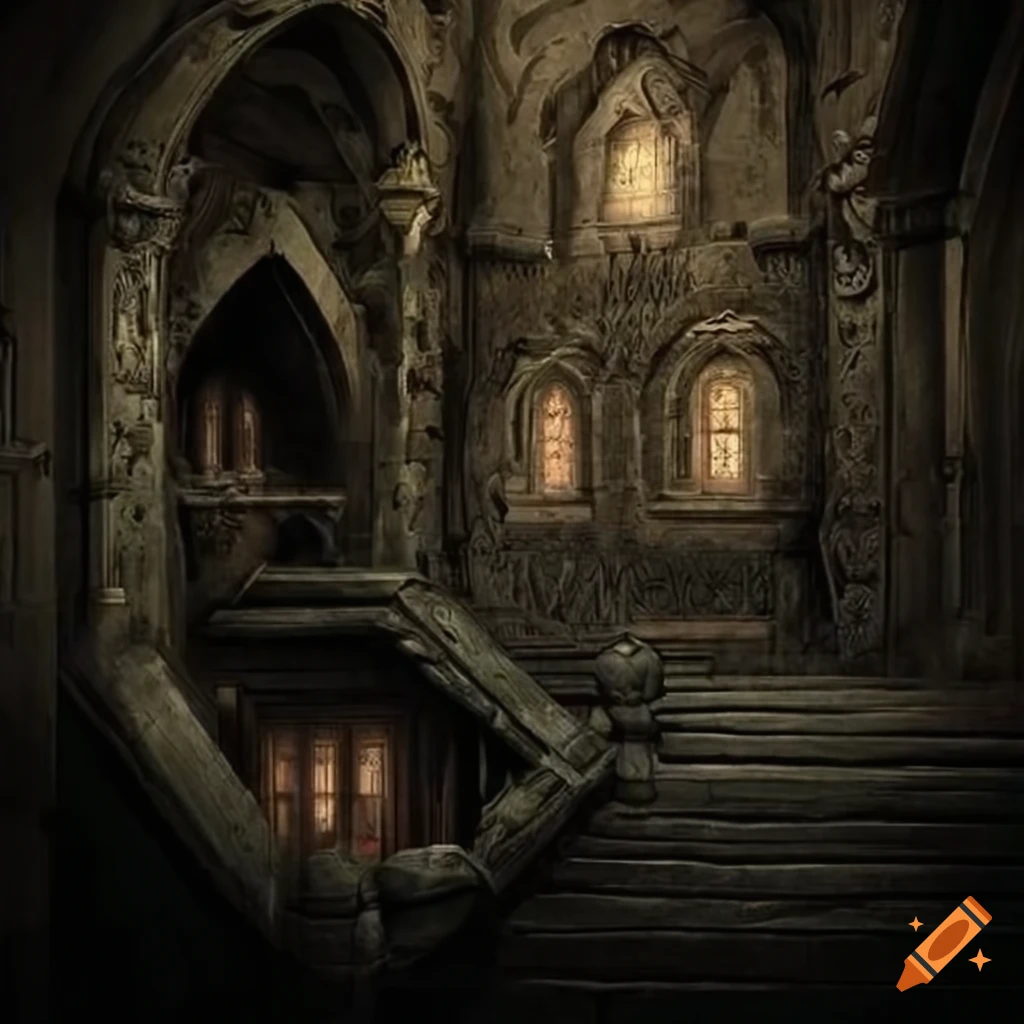 Spooky interior of a dark fantasy castle