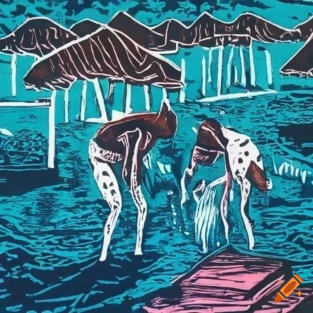 Lino print artwork of people at the beach on Craiyon