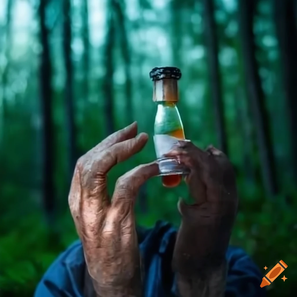 Photo of an old man drinking a potion by a forest fountain
