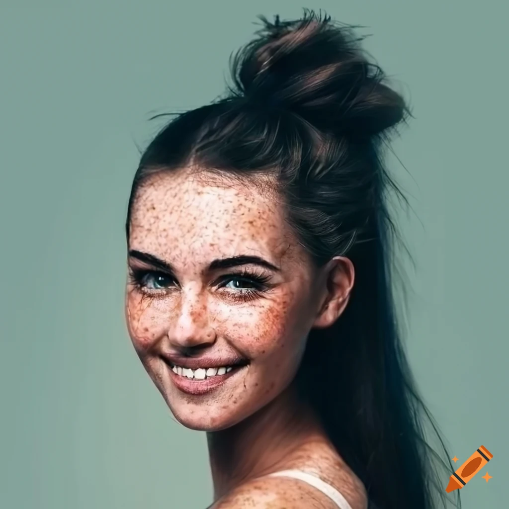 Portrait of a young woman with a freckled smile