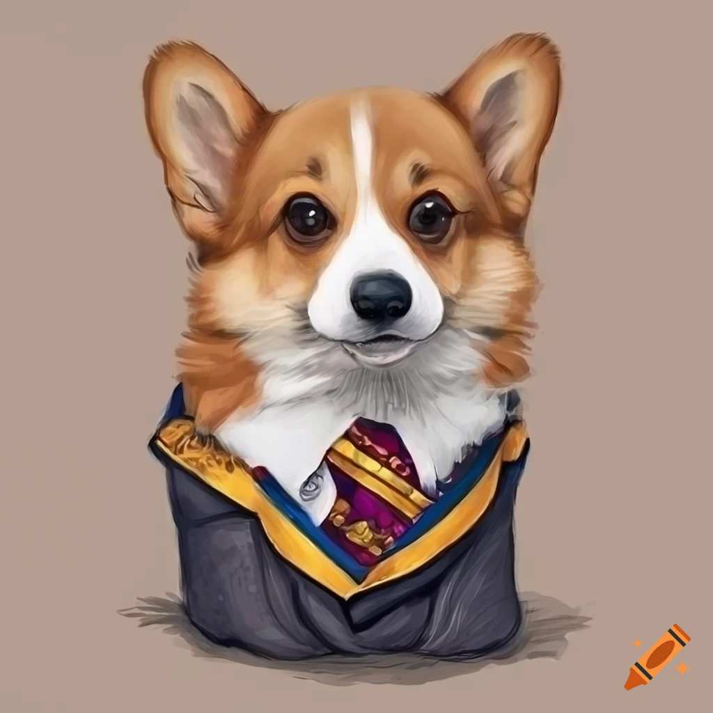 Detailed portrait drawing of a baby corgi in Gryffindor uniform on Craiyon