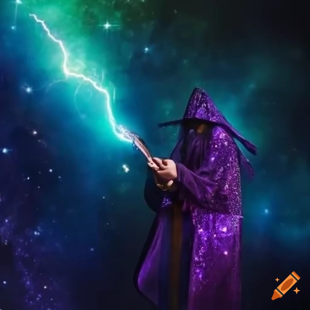 Mystical wizard playing electric guitar with lightning and space ...