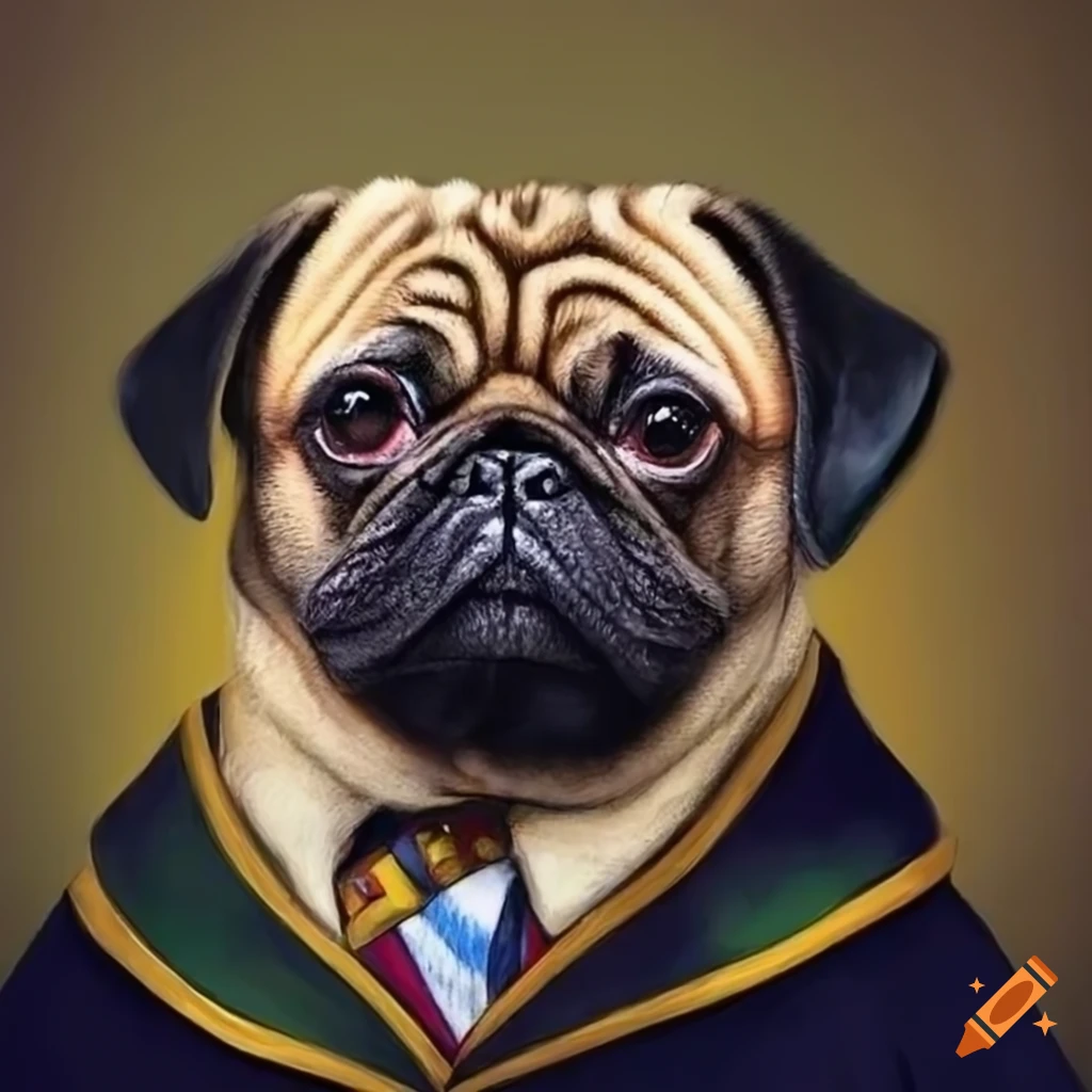 Hyper realistic drawing of a pug in a hufflepuff uniform on Craiyon