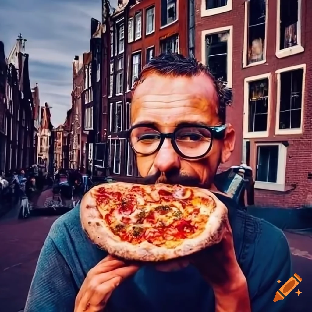 Italian man exploring amsterdam and eating pizza