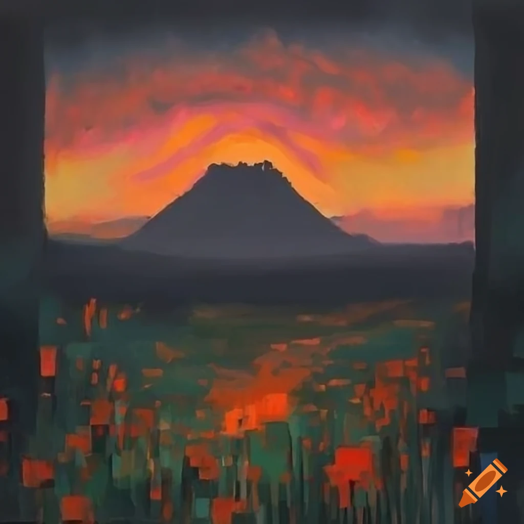 Acrylic painting of a minecraft prairie with an erupting volcano on Craiyon