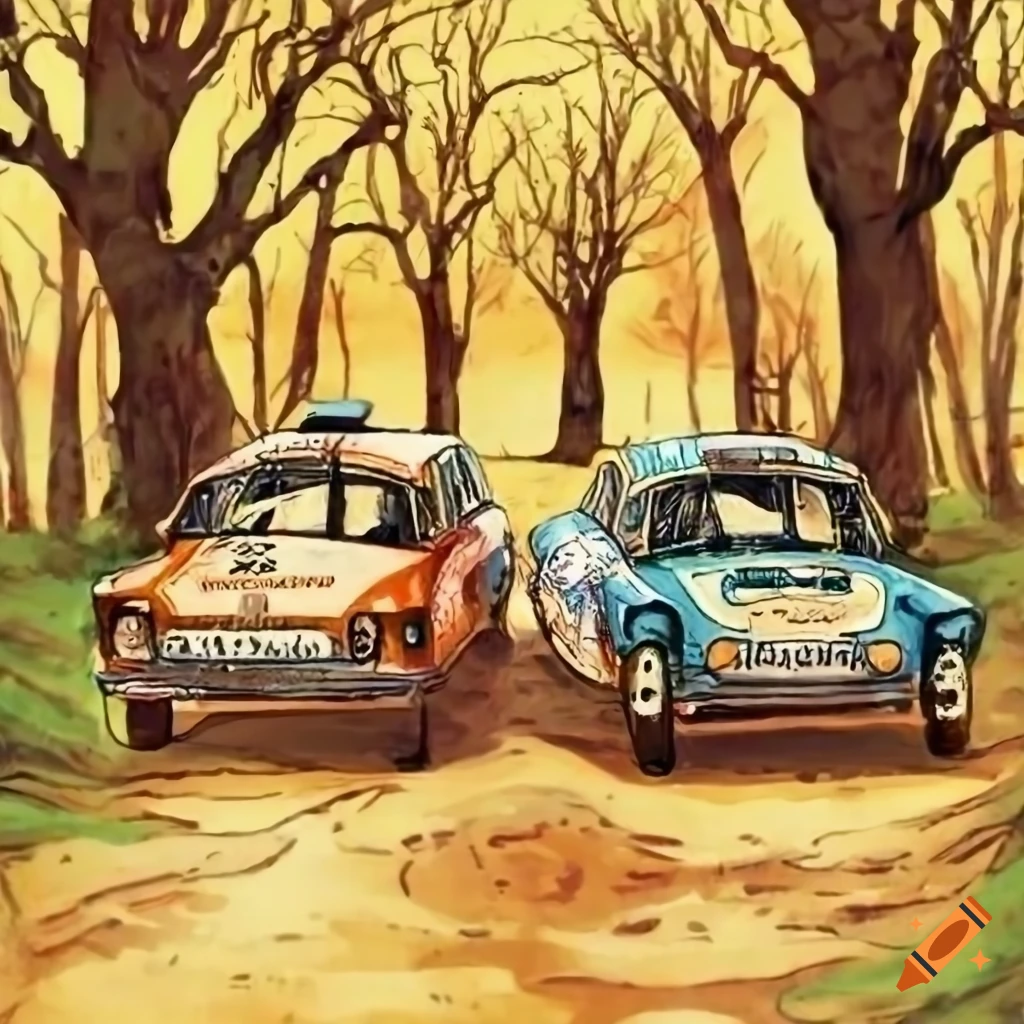 Illustration of two rally cars racing on a dirt road on Craiyon