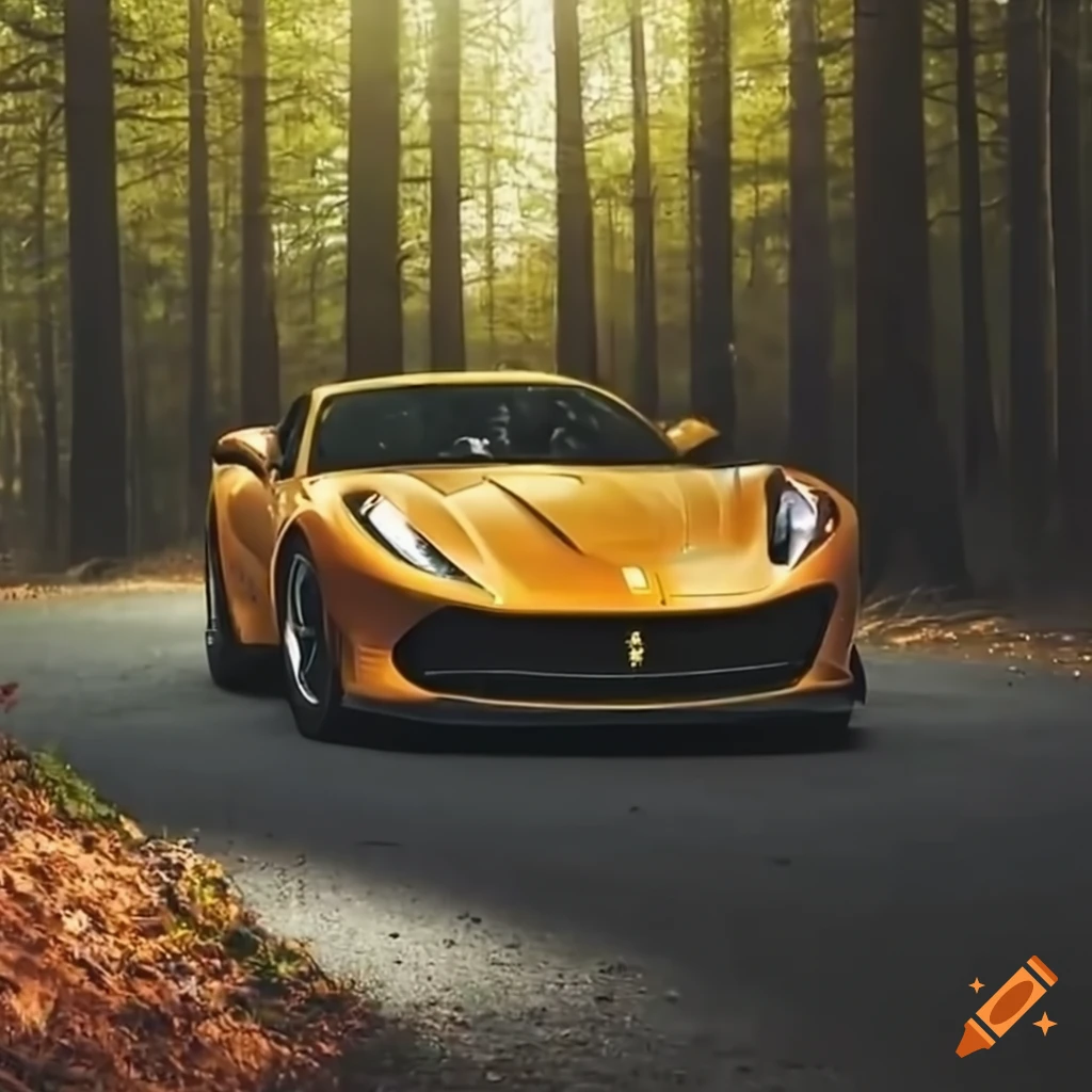Ferrari 812 driving through the forest