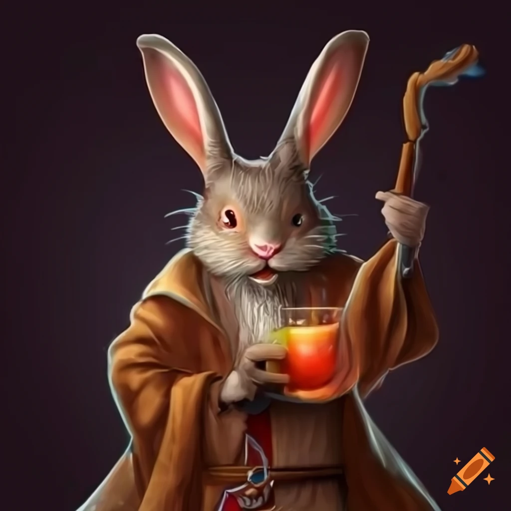 Image of a rabbit wizard in robes and a staff on Craiyon