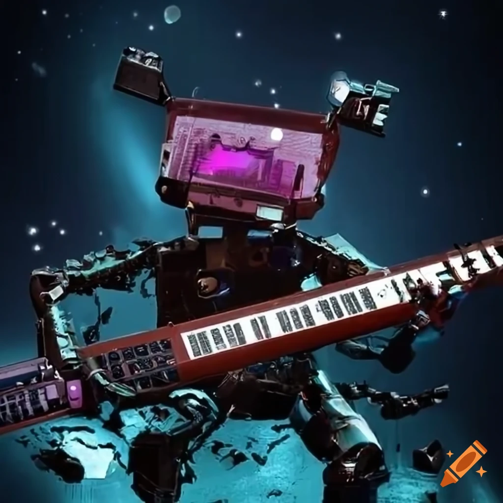 Sci-fi artwork of a broken robot playing keytar in space on Craiyon