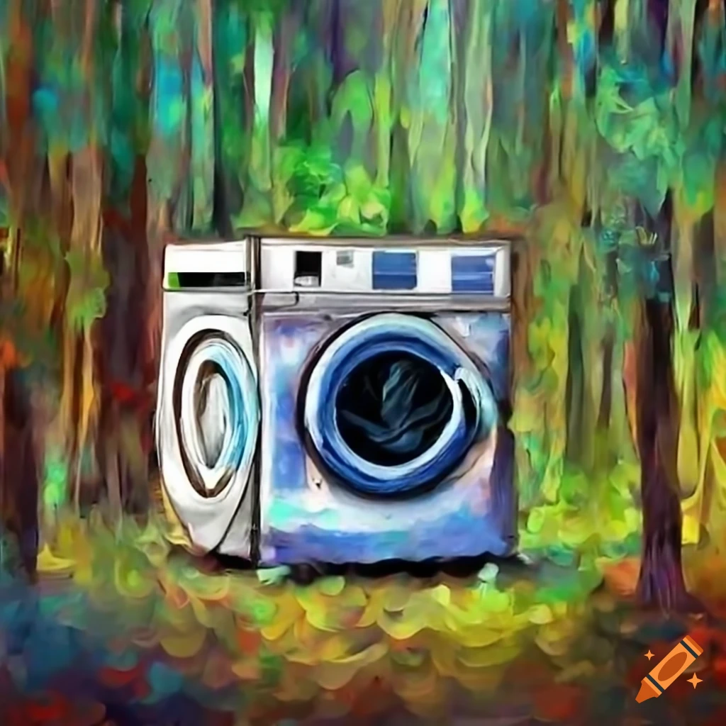 Artistic depiction of a washing machine in a forest on Craiyon