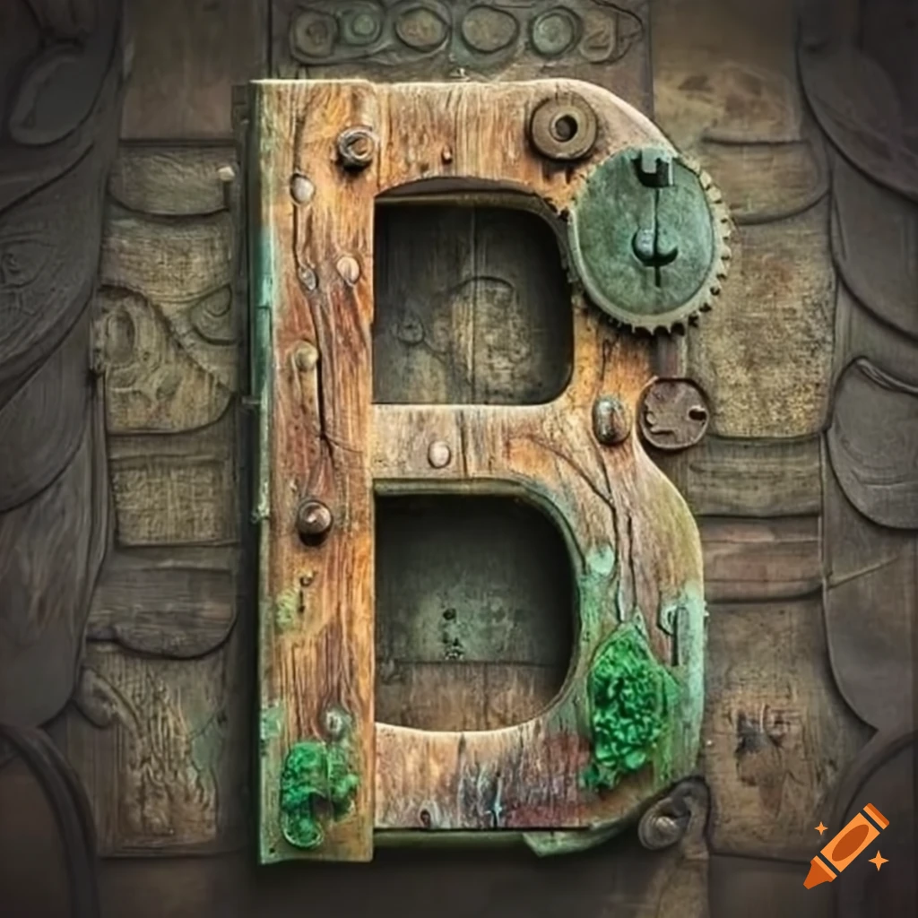 Steampunk wooden letter 'a' with moss-covered stone doors on Craiyon