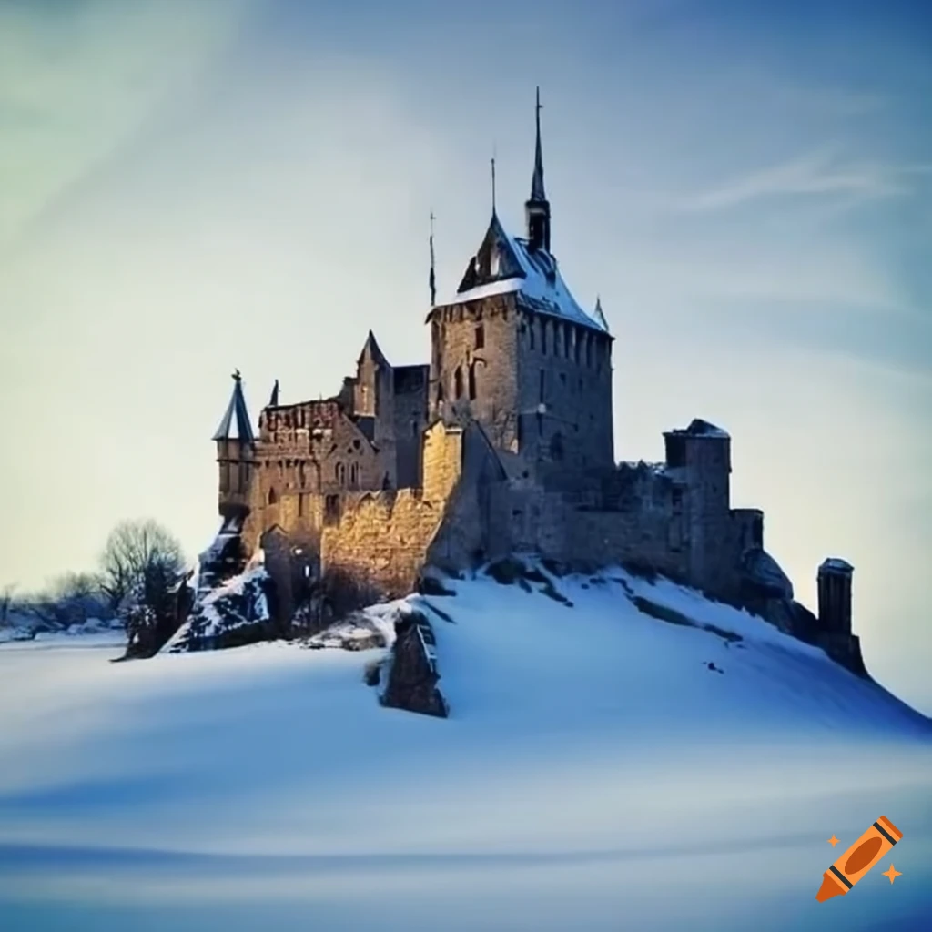Snow-covered gothic castle on a hill on Craiyon