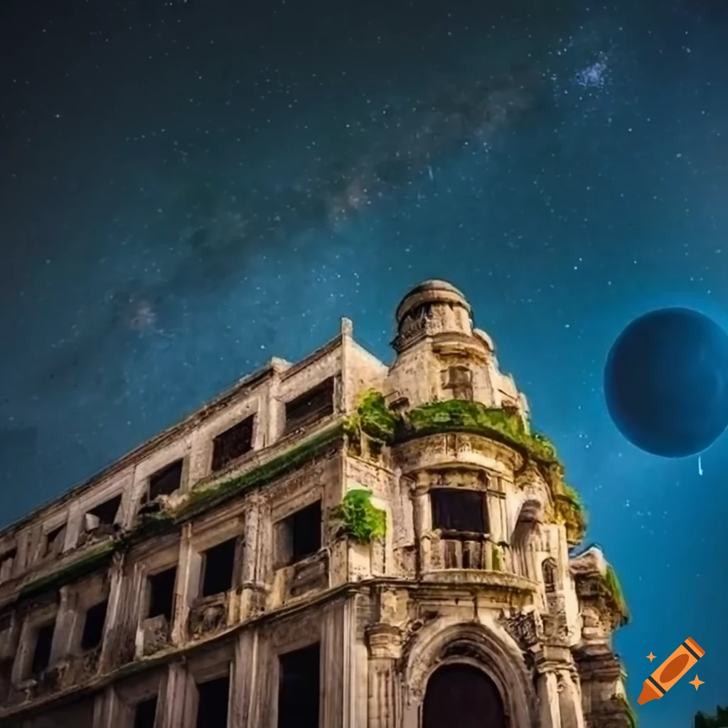 Escher-style moss-covered building with milky way in the background on ...