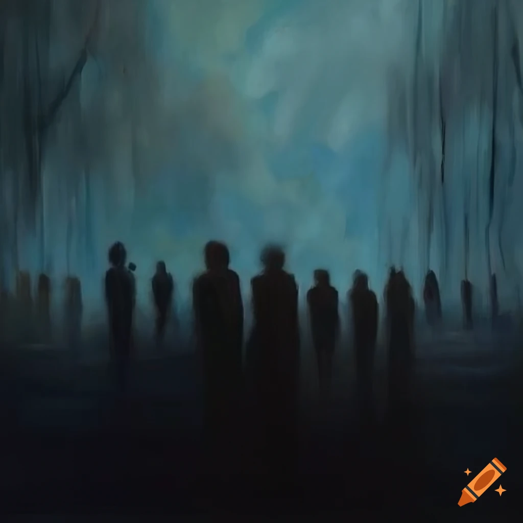 Dark and realistic painting of a diverse crowd looking at the sky on ...