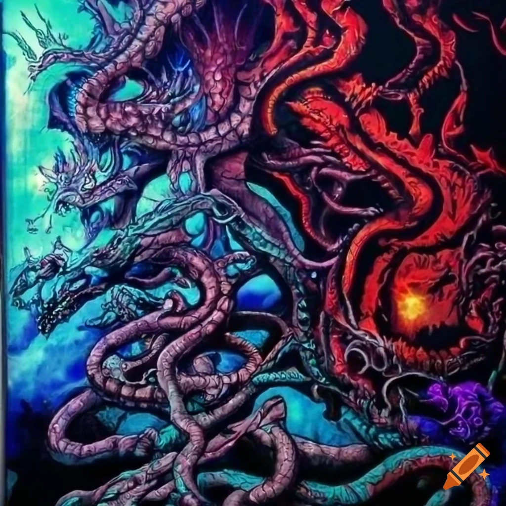 Stained glass art with lovecraftian, jinmenju, and world tree themes on ...