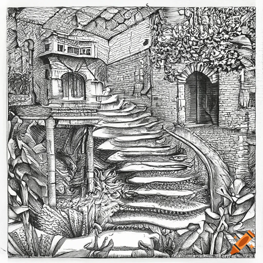 Detailed sketch of a garden in MC Escher style on Craiyon