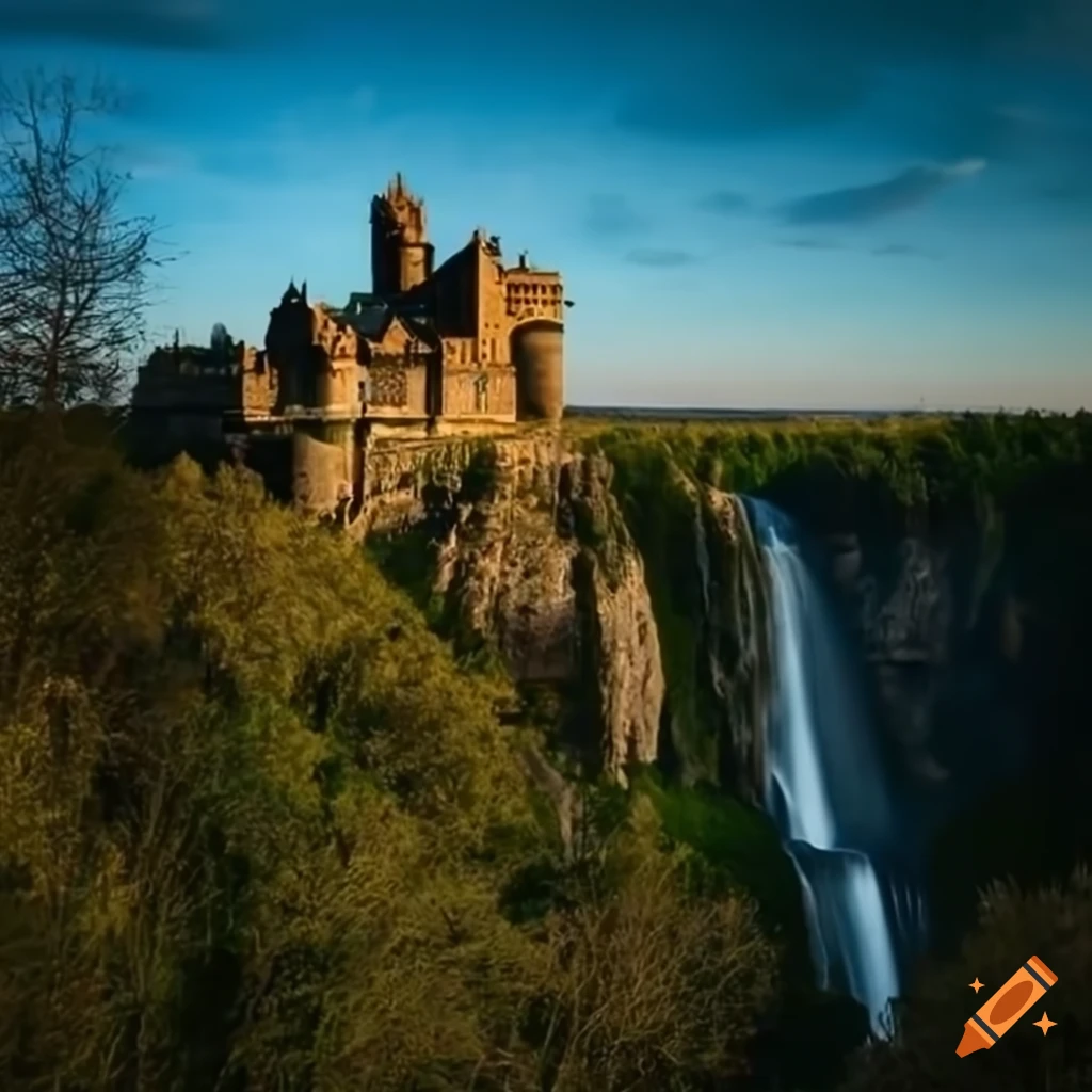 Castle with a mesmerizing waterfall in the background on Craiyon