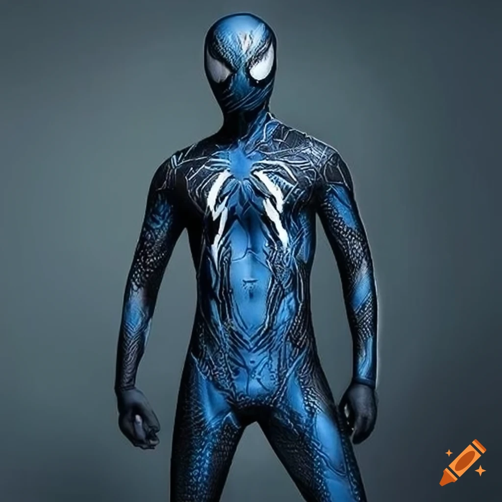 Black and blue symbiote suit with white spider emblem