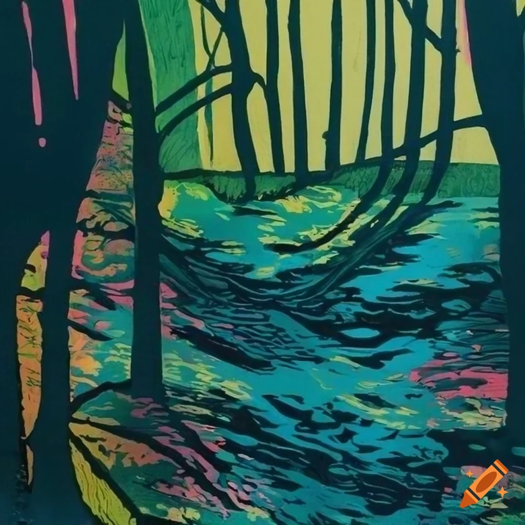 Lino print with colorful garden theme on Craiyon