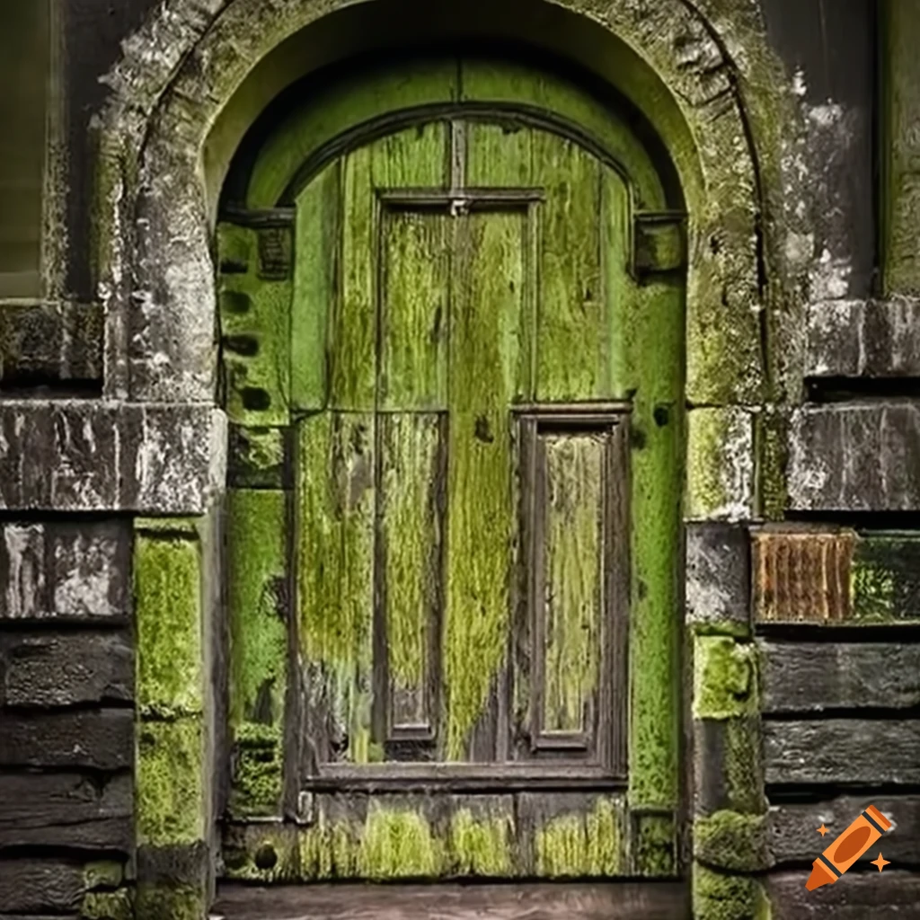 Moss-covered old doors with engraved letters on Craiyon