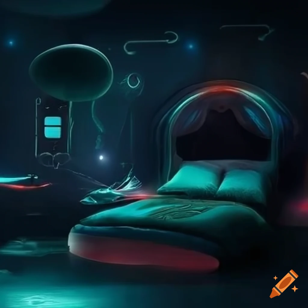 Interior design of an alien spaceship bedroom on Craiyon