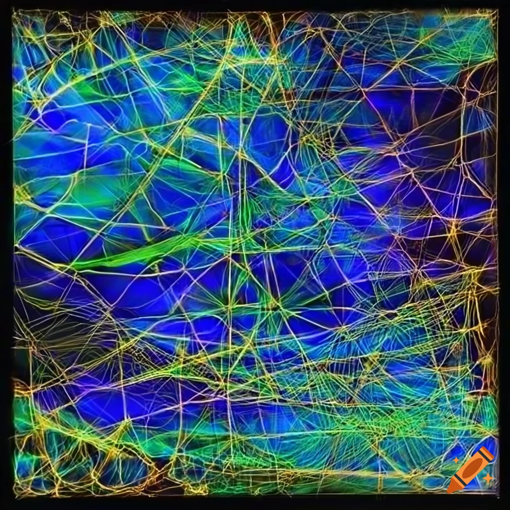 Max ernst-inspired blue and green neural network diagram