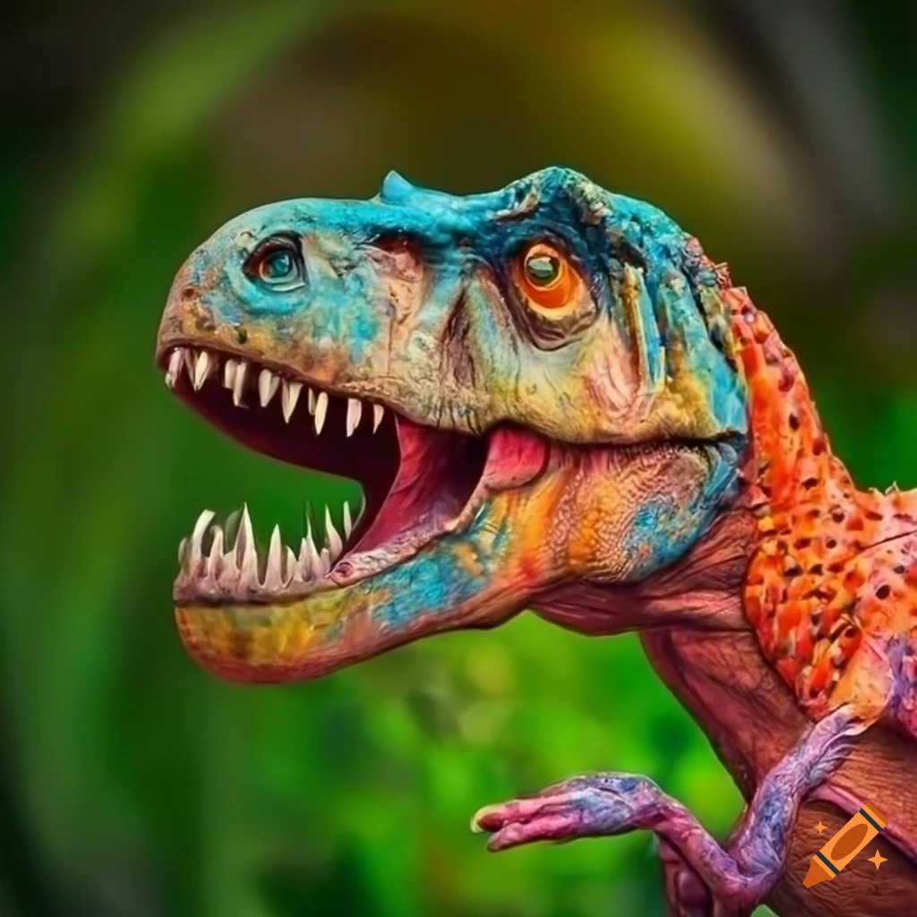 Close-up of a colorful t-rex dinosaur pendant in tropical background on ...