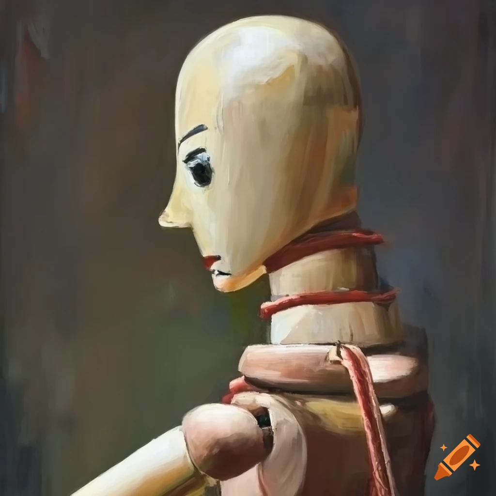 Oil painting of a wooden puppet tied up with a cord on Craiyon