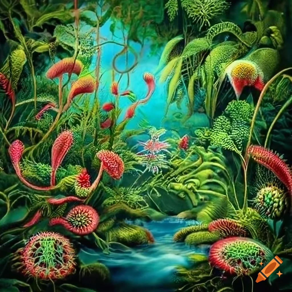 Realistic painting of a jungle with a castle and carnivorous plants on ...
