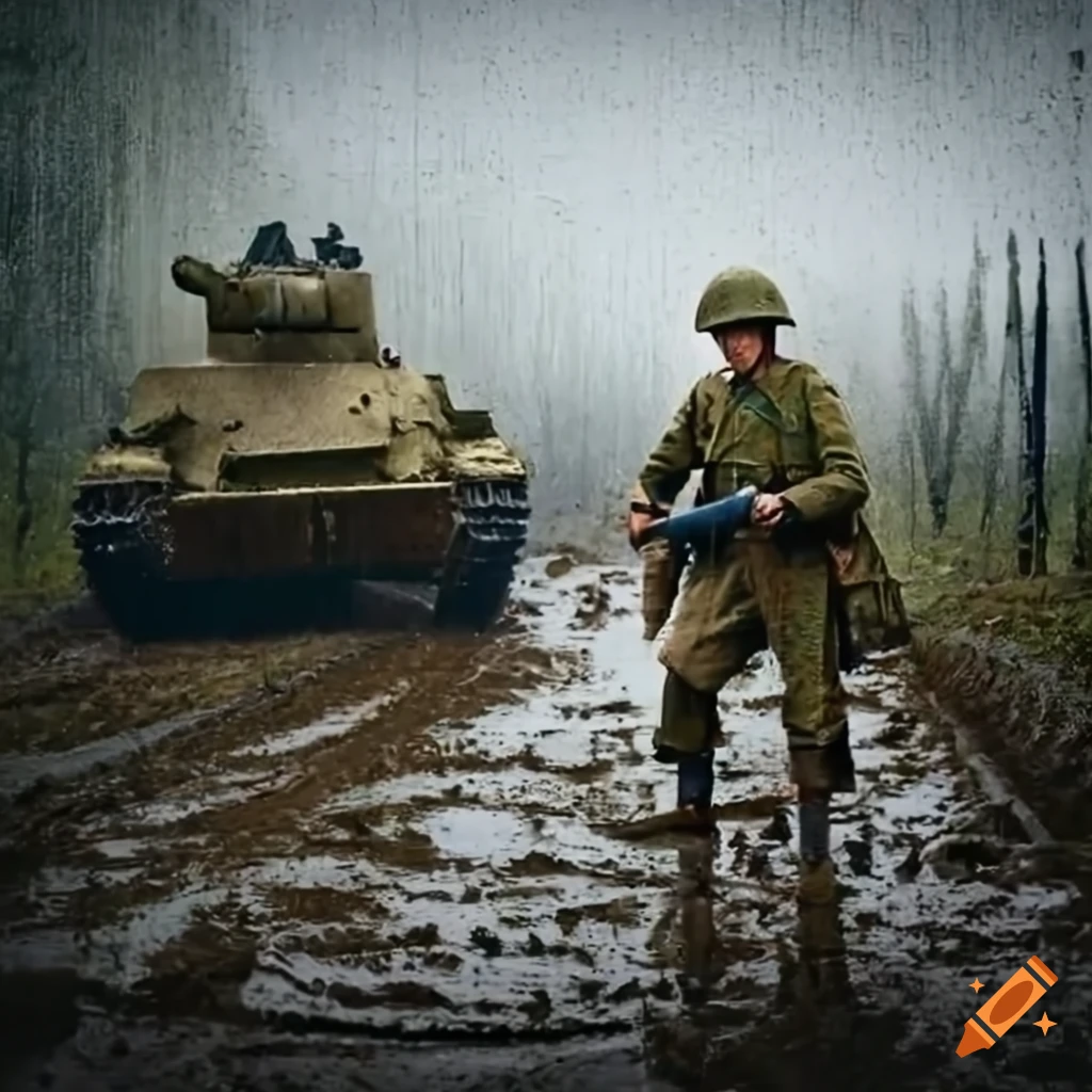 World war II soldiers and tanks driving on a muddy road on Craiyon