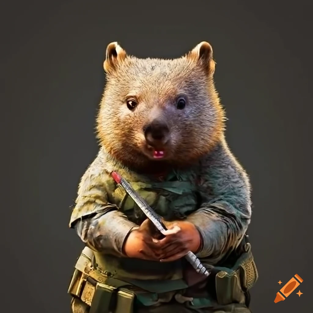 Wombat in military attire with a spear