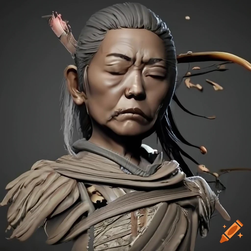 Detailed sculpture of an old lady from ghost of tsushima on Craiyon