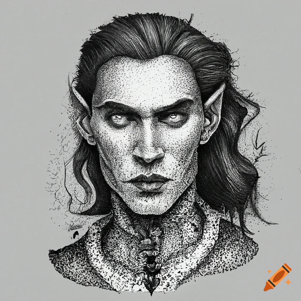 Stipple drawing of a handsome sorcerer portrait on Craiyon