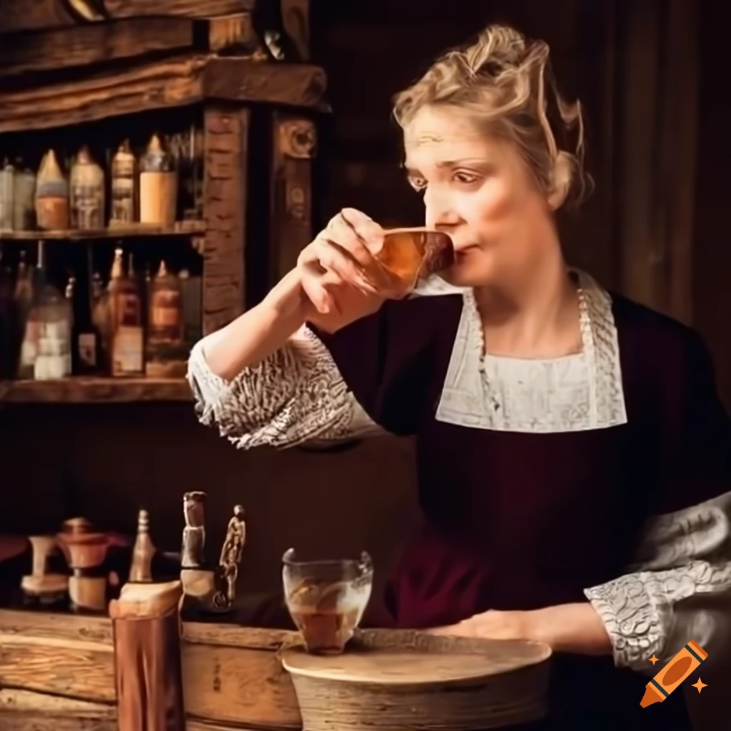 A female tavern owner pouring drinks in a medieval tavern on Craiyon