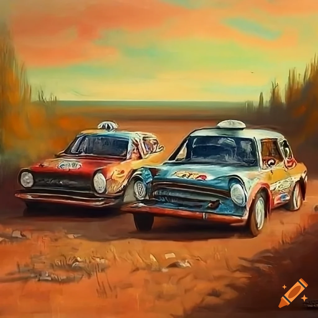 Detailed oil painting of two rally cars racing on a dirt road on Craiyon