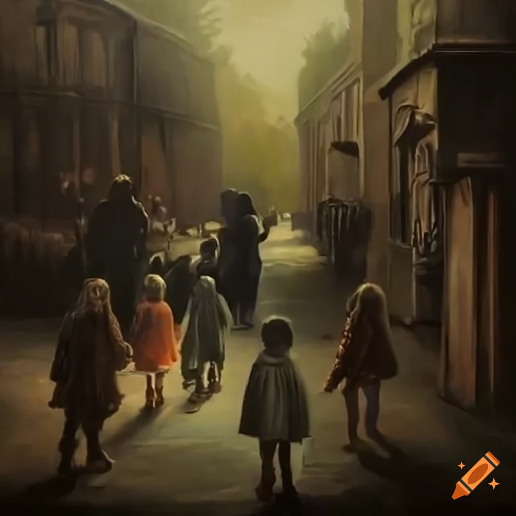 Realistic painting of a group of children walking on Craiyon