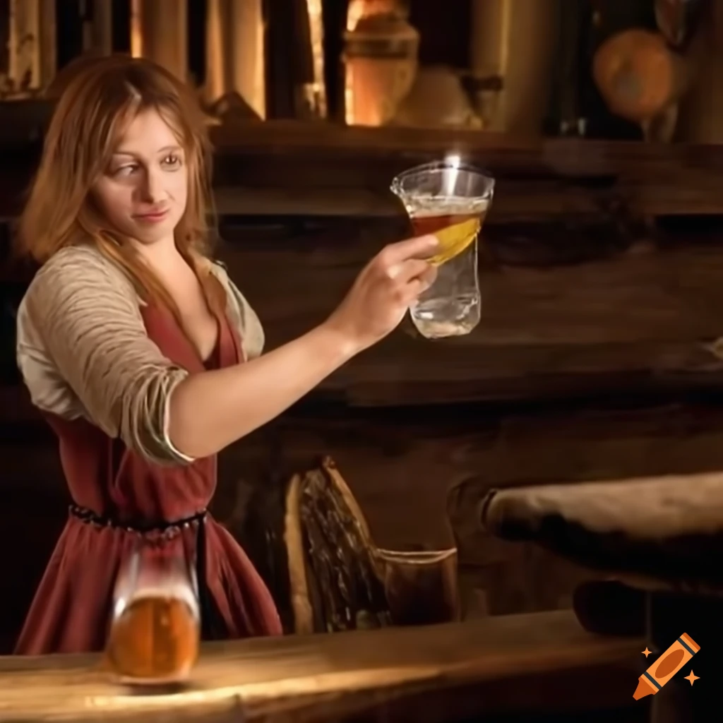 A female tavern owner pouring drinks in a medieval tavern