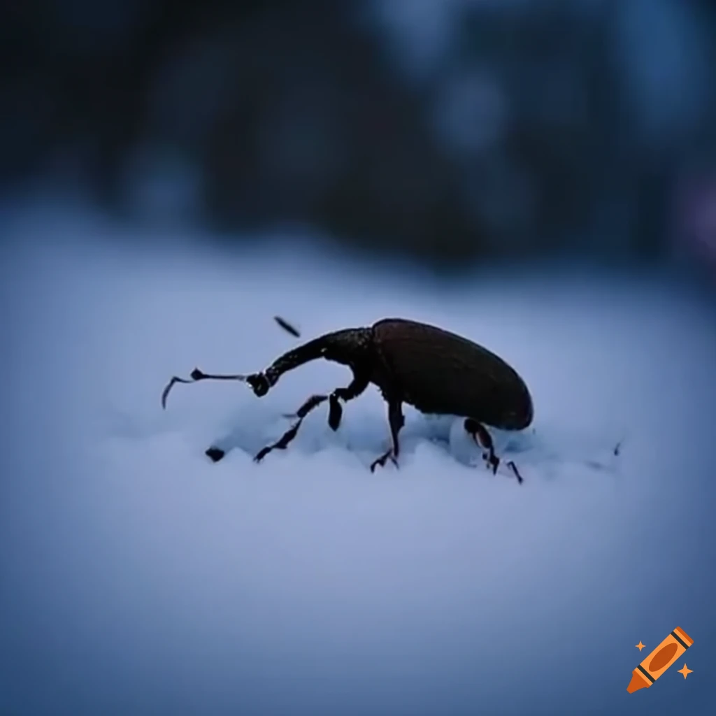 Giant weevil standing in the snow