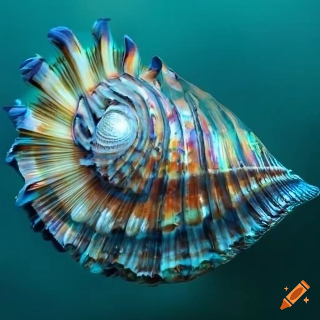 Réaliste image of a giant iridescent seashell on Craiyon